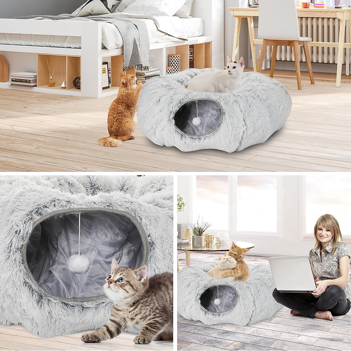Lonepetu Plush Cat Tunnel Bed for Indoor Cats, Collapsible Cat Donut Tunnel with Central Mat, Fluffy Cat Cave Tube with Hanging Ball for Cat Kitten Rabbit Puppy Ferret