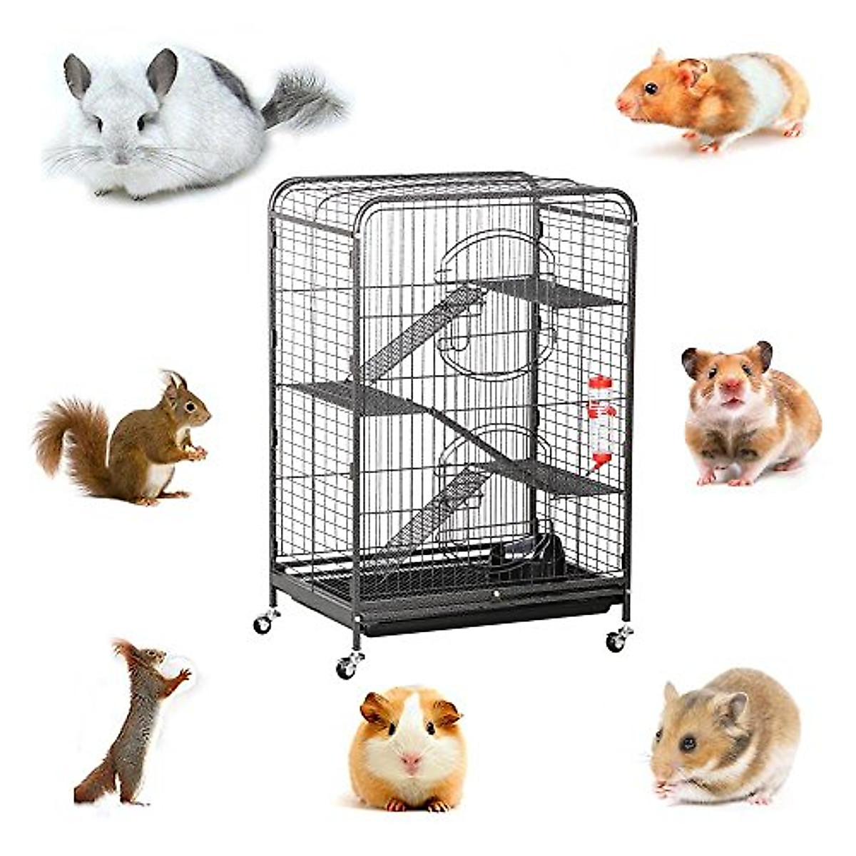 Yaheetech 37-inch Metal Ferret Chinchilla Cage Indoor Outdoor Small Animals Hutch w/ 2 Front Doors/Feeder/Wheels for Squirrel,Black