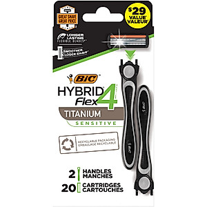 BIC Flex 4 Hybrid Men's 4-Blade Disposable Razor, 2 Handles and 20 Cartridges, Smooth and Close Shave
