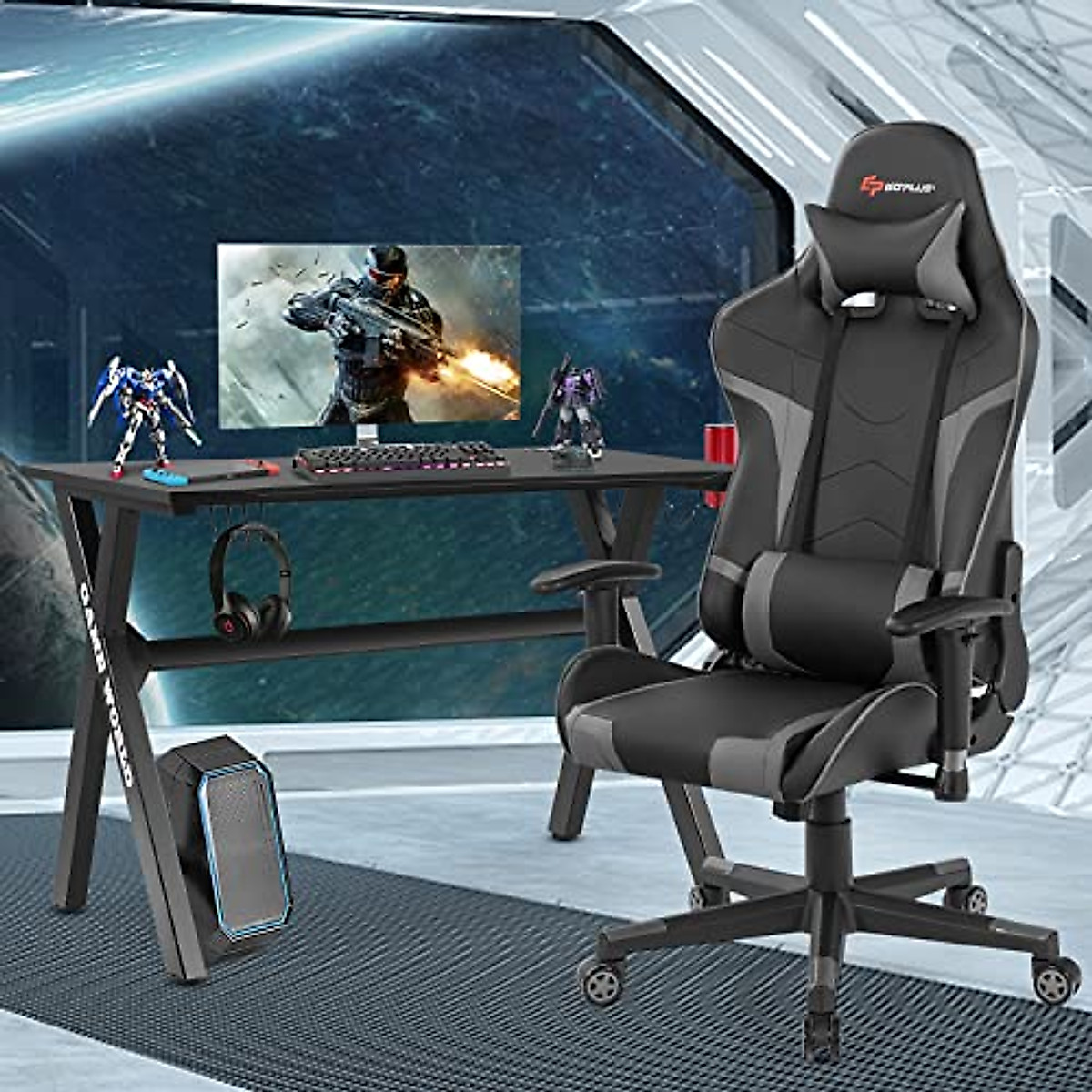 Goplus Gaming Desk & Chair Combo Set, Racing Style X Shaped E-Sport Gamer Desk & PVC Computer Chair w/Cup & Headphone Holder, Mouse Pad, Headrest & Massage Lumbar Support for Home Office (Grey)