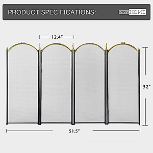 VIVOHOME 4 Panel 51.5 x 32 Inch Fireplace Screen Mesh Baby Safe Proof Fence Spark Guard Cover Ornate Wrought Iron Black Metal Fire Place Standing Gate