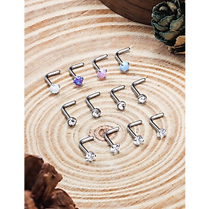 Cisyozi 22G Nose Rings Studs for Women Men Stainless Surgical Steel Silver L Shaped Bent Nose Nostril Rings Stud Set Piercing Jewelry for Women Men 1.5mm Diamond CZ Opal