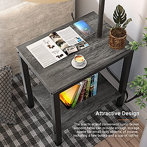 LityMax LED Floor Lamp with Table - End Table with USB Charging Port, Power Outlet, Bedside Nightstand Shelves, Side Table with Reading Standing Light for Living Room, Black Oak, Bulb Included, 2 Pack