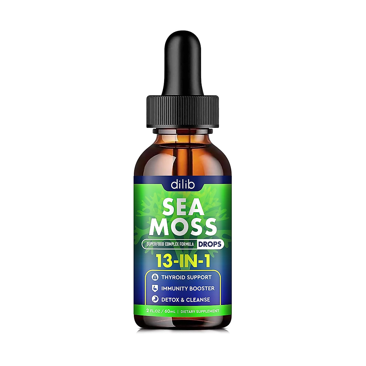 dilib Irish Sea Moss Liquid Drops: 4000mg, Organic Bladderwrack, and Burdock Root, Spirulina, Thyroid Support, Support for Digestion and Skin, Joint Health, Herbal Supplements-2 Fl Oz, Vegan