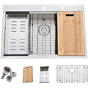 Friho 33"x 22" Inch Drop in Stainless Steel Kitchen Sink,Brushed Nickel Kitchen Sinks,Single Bowl Basin Handmade Topmount Kitchen Sink With Dish Grid,Dish Drainer,Cutting Board and Basket Strainer