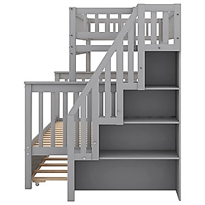 Bunk Bed with Trundle and Staircase, Solid Wood Twin Over Full Bunk Beds Frame with Storage Shelf, Safety Rail for Kids Teens, Can be Separated into 2 Beds (Twin Over Full, Grey)