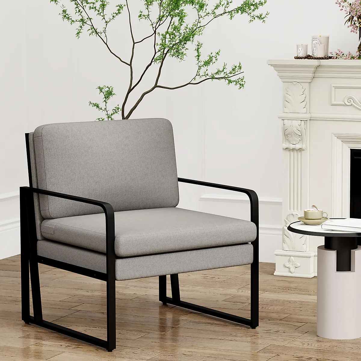 Andeworld Modern Accent Chair, Mid Century Living Room Armchair, Upholstered Linen Sofa Side Chair with Metal Legs for Reading,Lounging,Bedroom Apartment,Grey