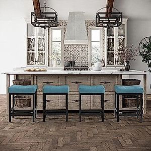 KATDANS Bar Stools Set of 2, 24" Counter Height Saddle Bar Stools, Upholstered PU Leather Bar Stools for Kitchen Island, Mid Century Modern Backless Barstools with Metal Base, KS861P-Teal, 2Pcs