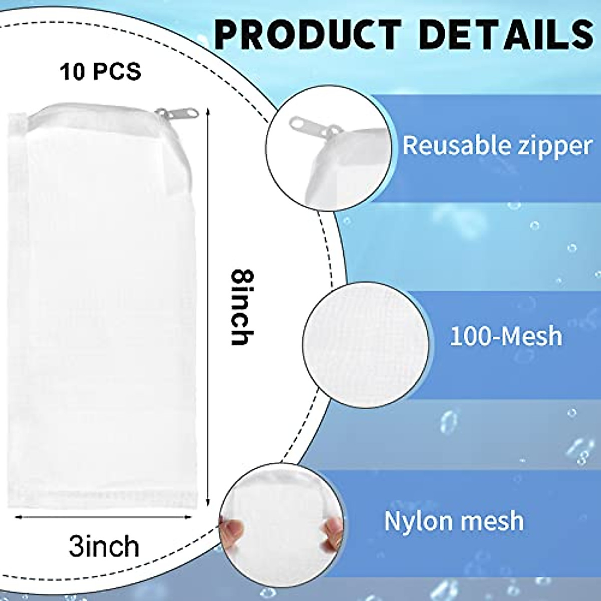 10 Pieces Small Aquarium Filter Bags with Zipper 3 x 8 Inch Fine Filter Media Bags 150 Micra Mesh Bags Reusable Fish Tank Charcoal Filter Bag for Activated Carbon Fresh or Saltwater Tanks