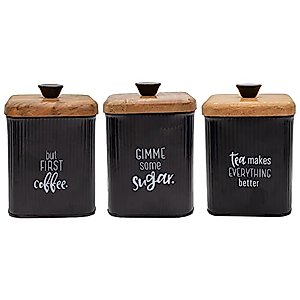 AuldHome Farmhouse Black Enamelware Canisters (Set of 3); Storage Containers for Coffee, Tea and Sugar in Black Enamel and Wood Design