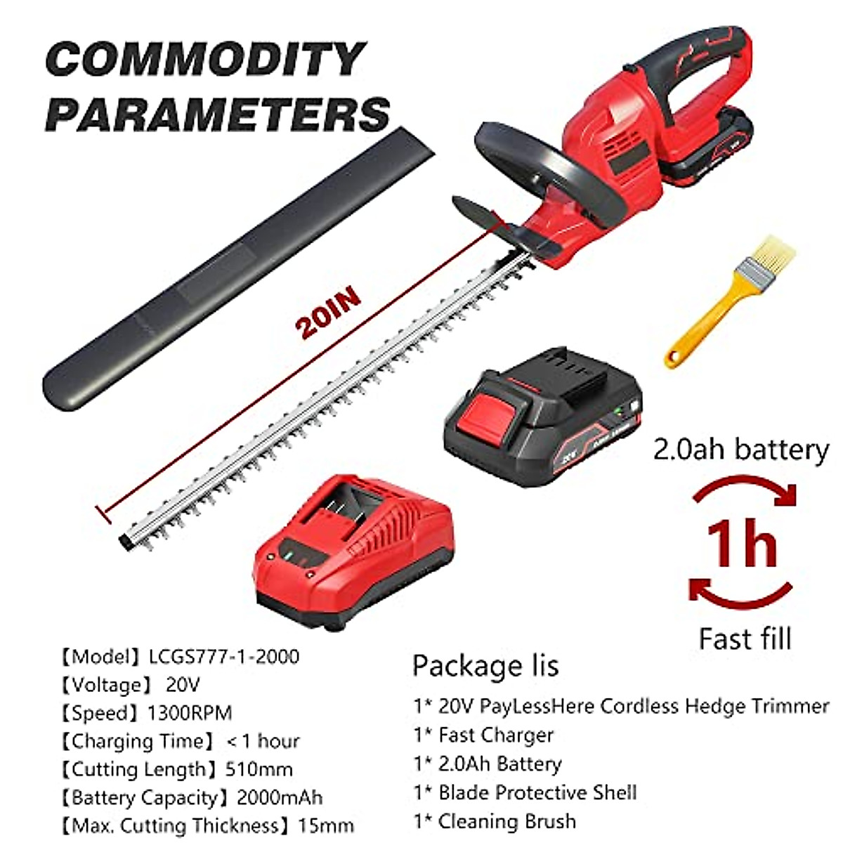 Cordless Hedge Trimmer, 20V Bush Trimmer 20-Inch Dual-Action Blades 5.5-lb Lightweight & Powerful Battery and Fast Charger