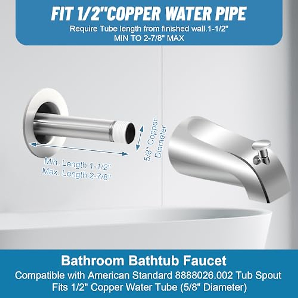 Slip on Tub Spout with Diverter, Compatible with Kohler GP85556 Bath Tub Spout, Bathroom Bathtub Faucet for 1/2" Copper Water Tube 5/8" Diameter, with 5/32" Hex Wrench (Polished Chrome)