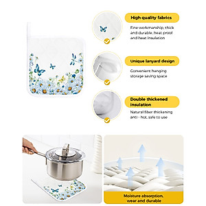 Pot Holder Set of 5 Pastoral Butterfly Dragonfly Daisy Flower Potholder Heat Proof Non-Slip Pot Holders,Blue Gradient Art Hot Pads Potholders for Kitchen Cooking Baking BBQ