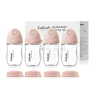 Gulicola Natural Glass Baby Bottle 4 Pack, Newborn Breastfeeding Bottles Gift Set, Extra Slow Flow Nipples (SS), Anti Colic, 0 Months+, 5 oz - Pink