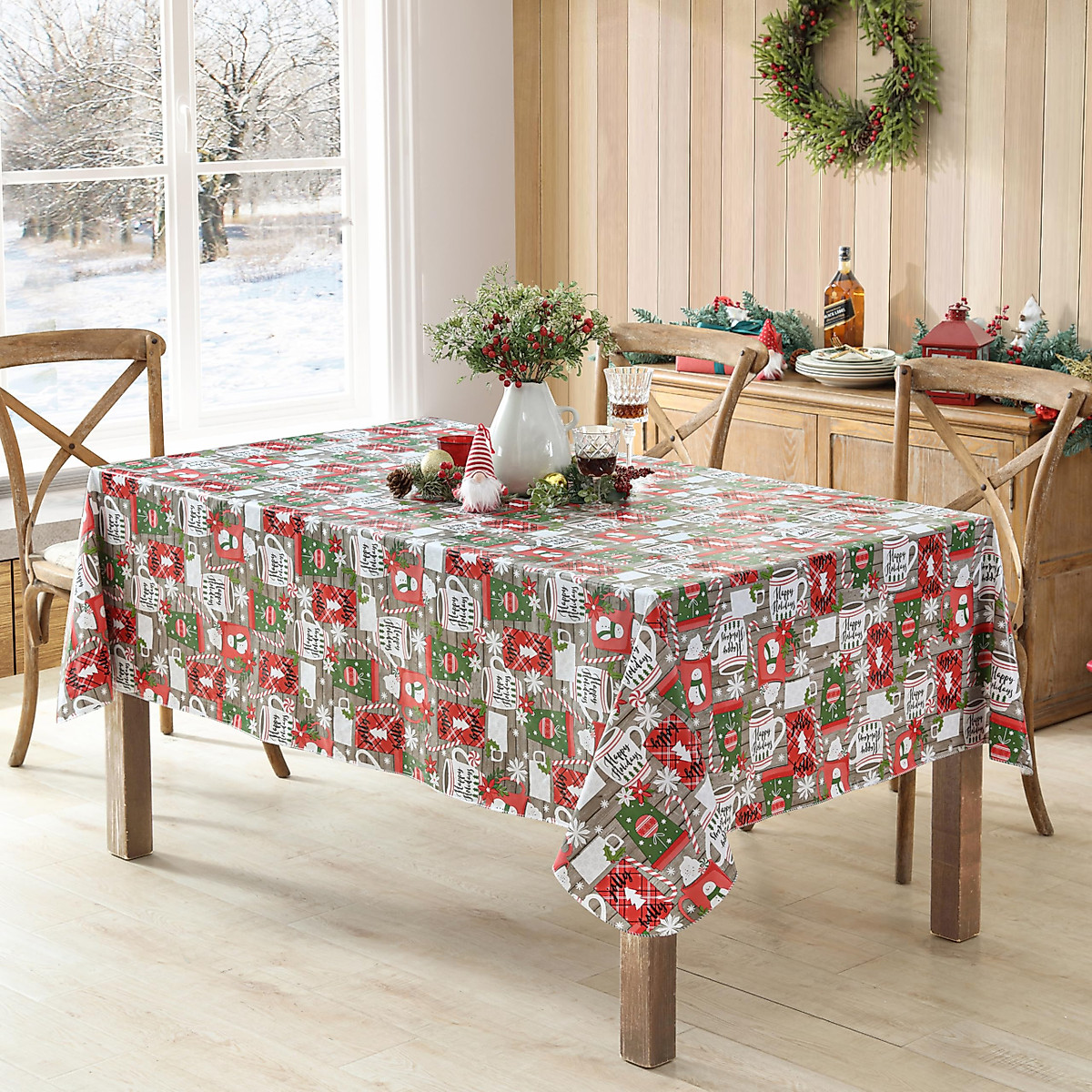 Newbridge Jolly Holiday Candy Cane Print Flannel Back Vinyl Christmas Tablecloth - Happy Holidays Grey, Red and Green Xmas Wipe Clean Easy Care Tablecloth, 60” x 120” Oblong/Rectangle