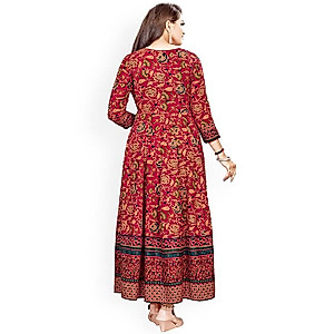 Women's Rayon Sanganeri Printed Long Anarkali Kurti With Tasseles (Maroon, Large)