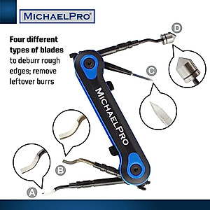 MichaelPro MP009068 Universal 4-in-1 Deburring Tool Set with Multi Blades, Handy & Portable Deburring Kit with 4-in-1 Blades for Steel/Stainless Steel, Aluminum, Plastic, Cast Iron- Black/Blue
