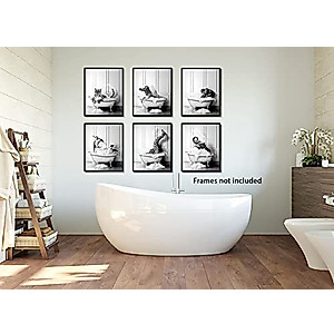 Funny Bathroom Decor Wall Art – Unframed Set of 6 (8 x 10 Inch) – Bathroom Wall Decor, Black and White Bathroom Decor, Kids Bathroom Decor, Animal Giraffe Penguin Elephant Bathroom Pictures for Wall Decor by LIYA Design Prints