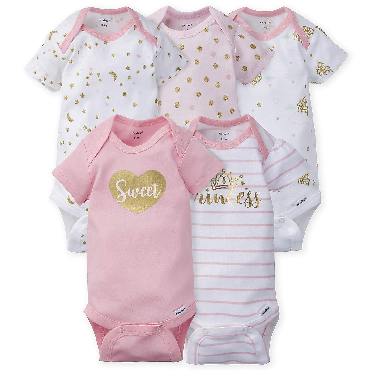 Gerber Baby Girls 5-Pack Short Sleeve Variety Onesies Bodysuits Princess Arrival 3-6 Months