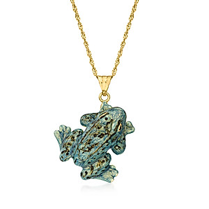 Ross-Simons Italian Green Enamel Frog Pendant Necklace in 18kt Gold Over Sterling