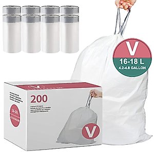 Code V 200 Count Heavy Duty Drawstring Trash Bags THICK White Garbage Can Liners 4.2-4.8 Gallon / 16-18 Liter Heavy Duty White Drawstring Garbage Liners