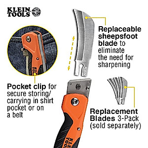 Klein Tools 44218 Utility Knife, Lockback Electricians Knife and Folding Knife with Hawkbill Blade for Cable Skinning, Replaceable Blade