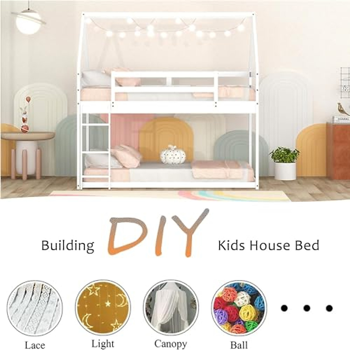 Bellemave Twin Over Twin House Bunk Bed for Kids,Floor Bunk Beds with Ladder and Guardrails,Solid Wood Twin Size Low Bunk Bed for Girls Boys,White