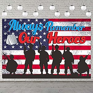 Always Remember Our Heroes Airman Soldiers Banner Stars Red White and Blue Stripes Theme Decor for Retirement Ceremony American Military Veteran Retired Going Away Party Supplies Decorations Backdrop