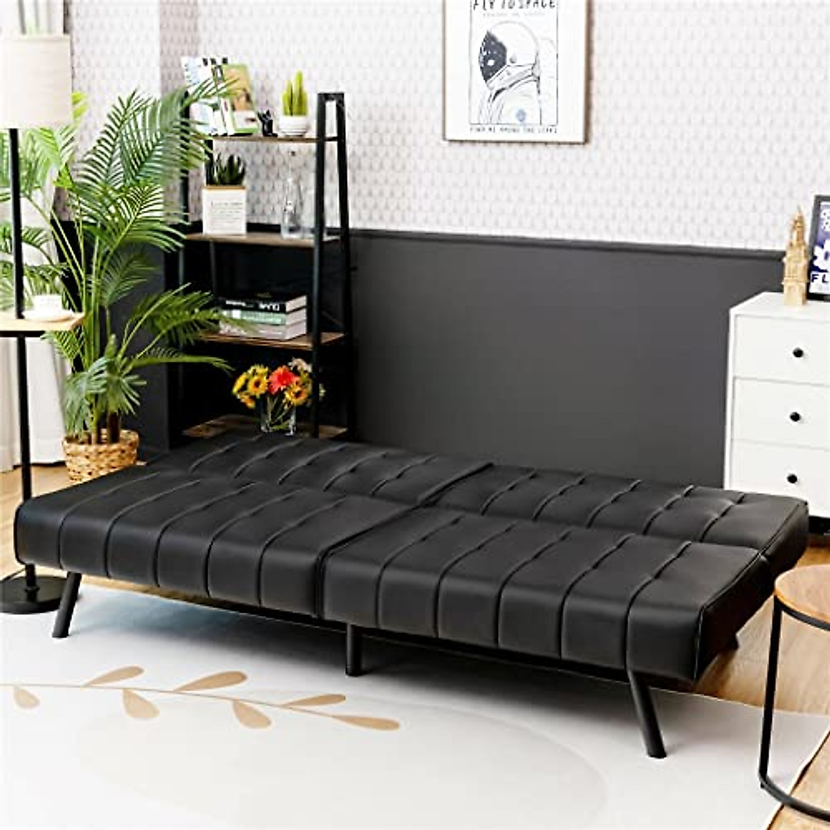 Walnut Futon Sofa Bed PU Leather Convertible Folding Couch Sleeper Lounge Convenient Installation (Color : A)
