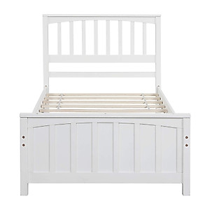 Harper & Bright Designs Twin Bed Frame Wood Slats Platform Twin Size Bed Frame with Headboard, No Box Spring Required Single Platform Bed Frame for Kids (White)