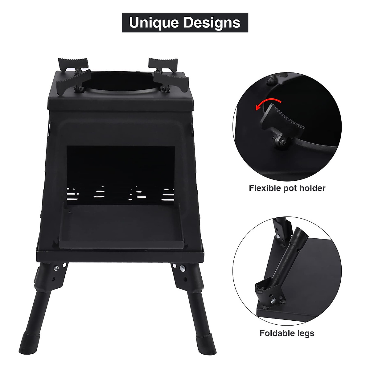 Lineslife Wood Burning Camp Stove, Portable Cast Iron Camping Wood Stove, Black Woodstove with Carrying Case for Backpacking Outdoor Cooking, Large