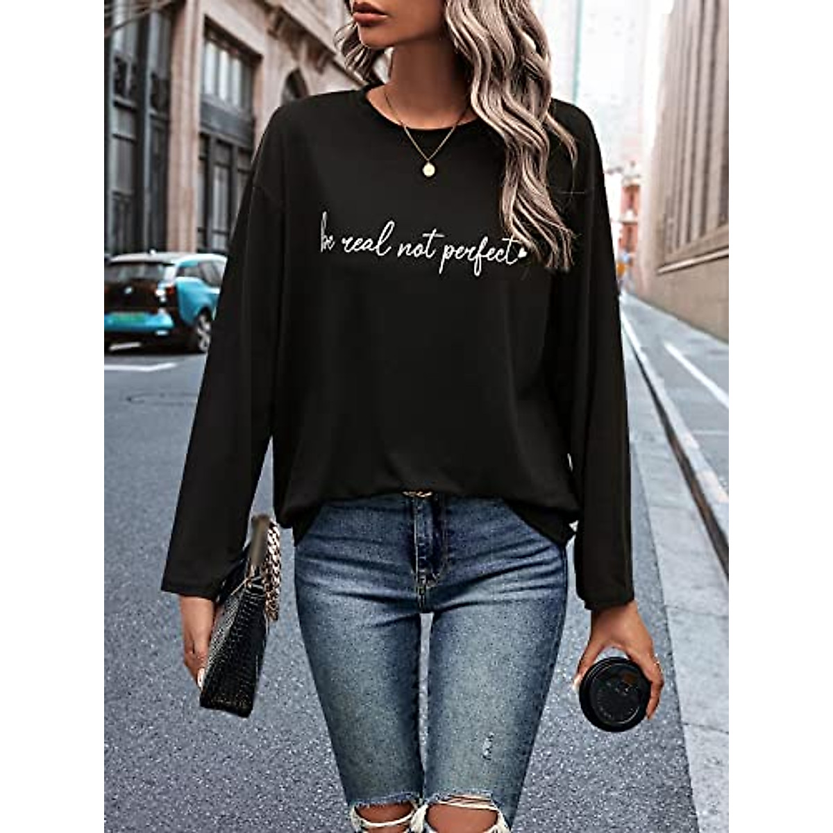 SweatyRocks Women's Crewneck Letter Graphic Loose Long Sleeve T-Shirts Spring Simple Casual Comfy Tee Tops Shirts Black XL