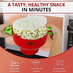 SOL - Heat-Resistant Cooking Utensil Set Microwave Silicone Popcorn Maker with Lid and BPA Free,Heat Resistant Silicone Popcorn Maker Collapsible Bowl 10 X 8 X 6 Inches - Red