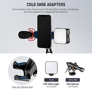 NEEWER Phone Tripod Mount with Cold Shoes, Metal Smartphone Tripod Adapter Compatible with iPhone, Multi Angle Tri Fold Cell Phone Holder Desktop Tripod, Handheld Phone Grip for Streaming Vlog SP-04