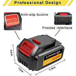 DTK 2Pack 6.0Ah Battery Replacement for Dewalt 20V Battery DCB200 DCB203 DCB204 DCB206 20V Lithium Batteries