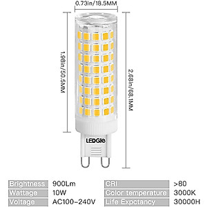 LEDGLE 5Pcs G9 LED Bulb 10W(100W Halogen Equivalent), 100LEDs 900LM 3000K Warm White Light for Ceramic G9 Bi Pin Base, Suit for Ceiling Chandeliers Light, No Flicker, Non-dimmable
