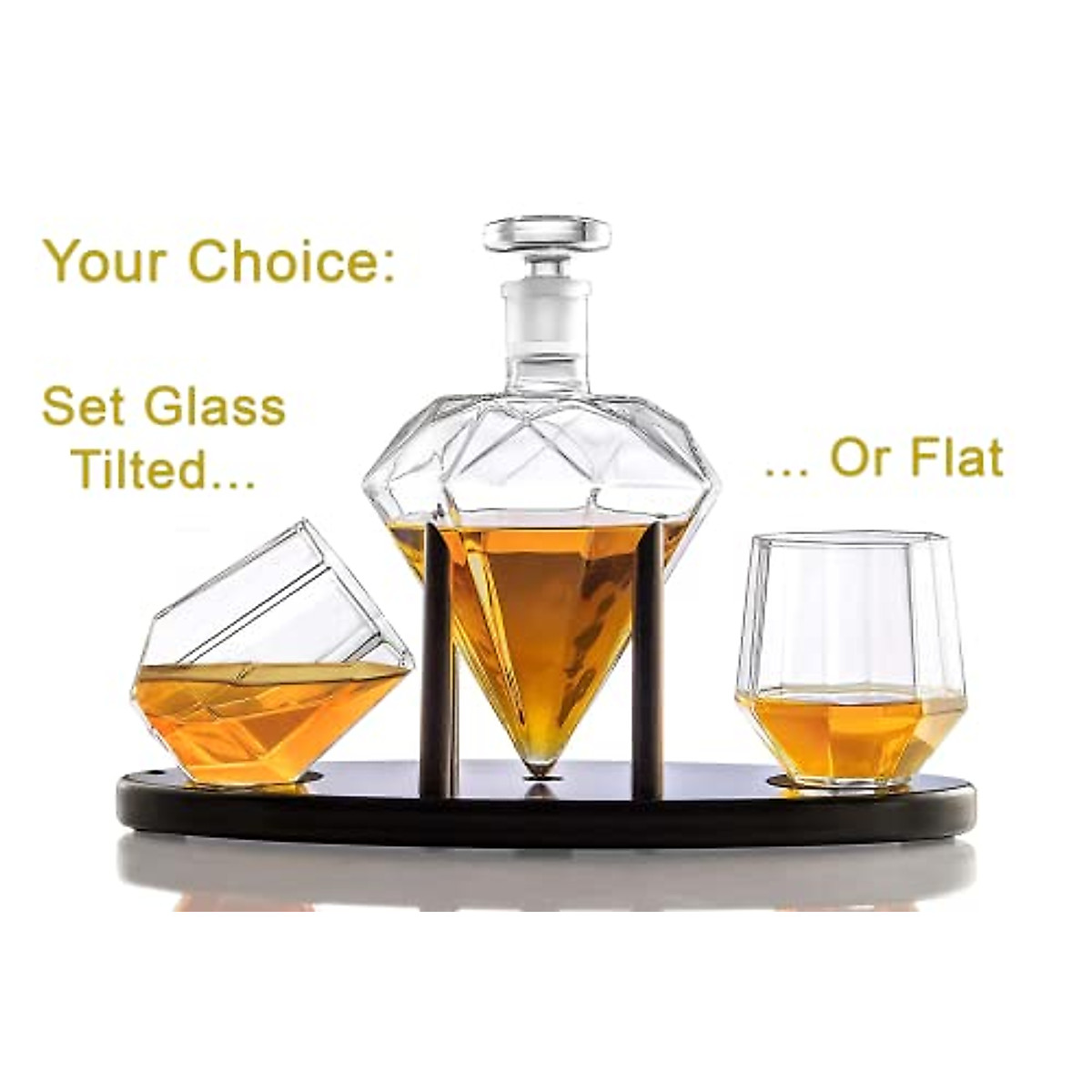 Whiskey Decanter Diamond shaped With 2 Diamond Glasses & Mahogany Wooden Holder – Elegant Handcrafted Crafted Glass Decanter For Liquor, Scotch, Rum, Bourbon, Vodka, Tequila – Great Gift Idea – 750ml