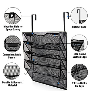 BOHDK Wall File Organizer, 5 Tire Hanging File Folder Organizer, Vertical Mesh Metal Door/Wall Mount Hanging File Holder, Paper Document Magazine Rack with Hooks for Home Office Black