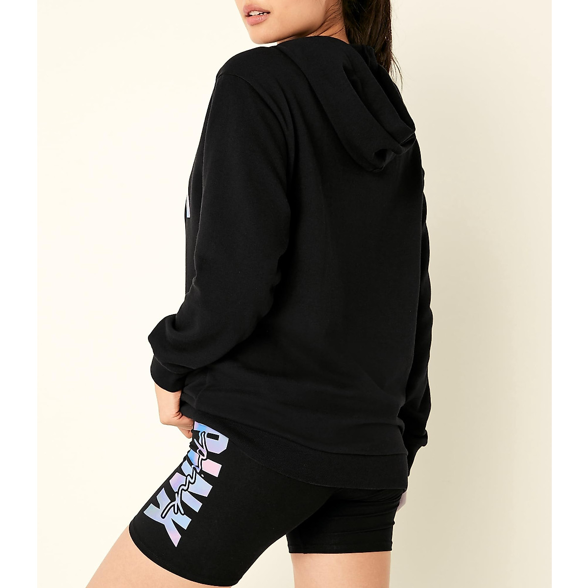 Victoria's Secret Women's PINK Logo Campus Hoodie Sweatshirt, Black Multi, (M)