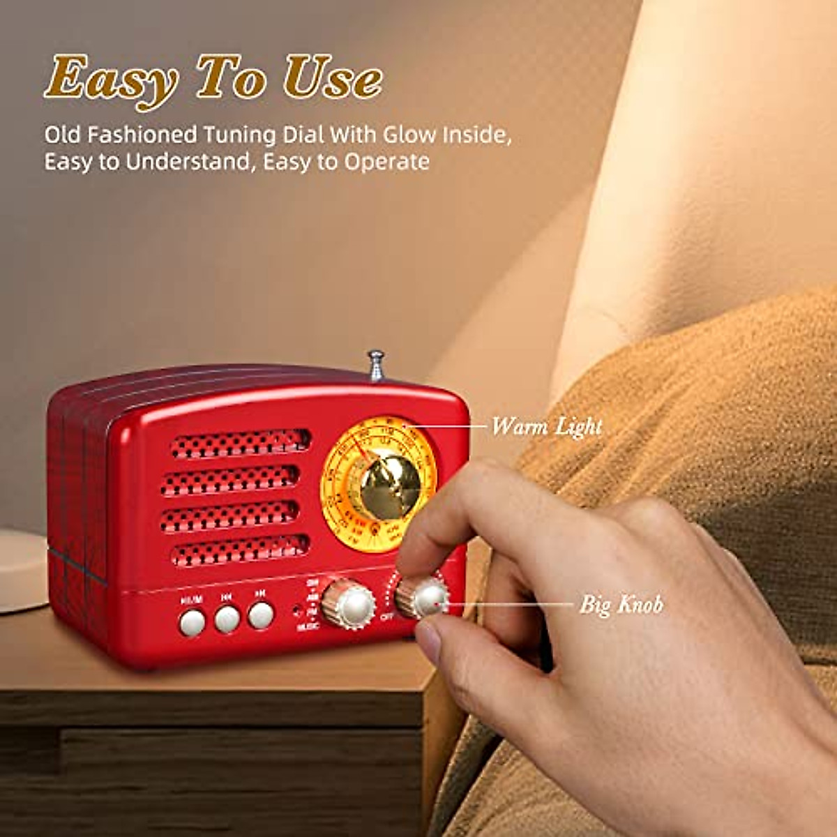 PRUNUS J-160 Portable Transistor Radio AM FM Small Retro Vintage Radio with Bluetooth, Rechargeable Battery Operated, Support TF Card AUX USB MP3 Player (Red)