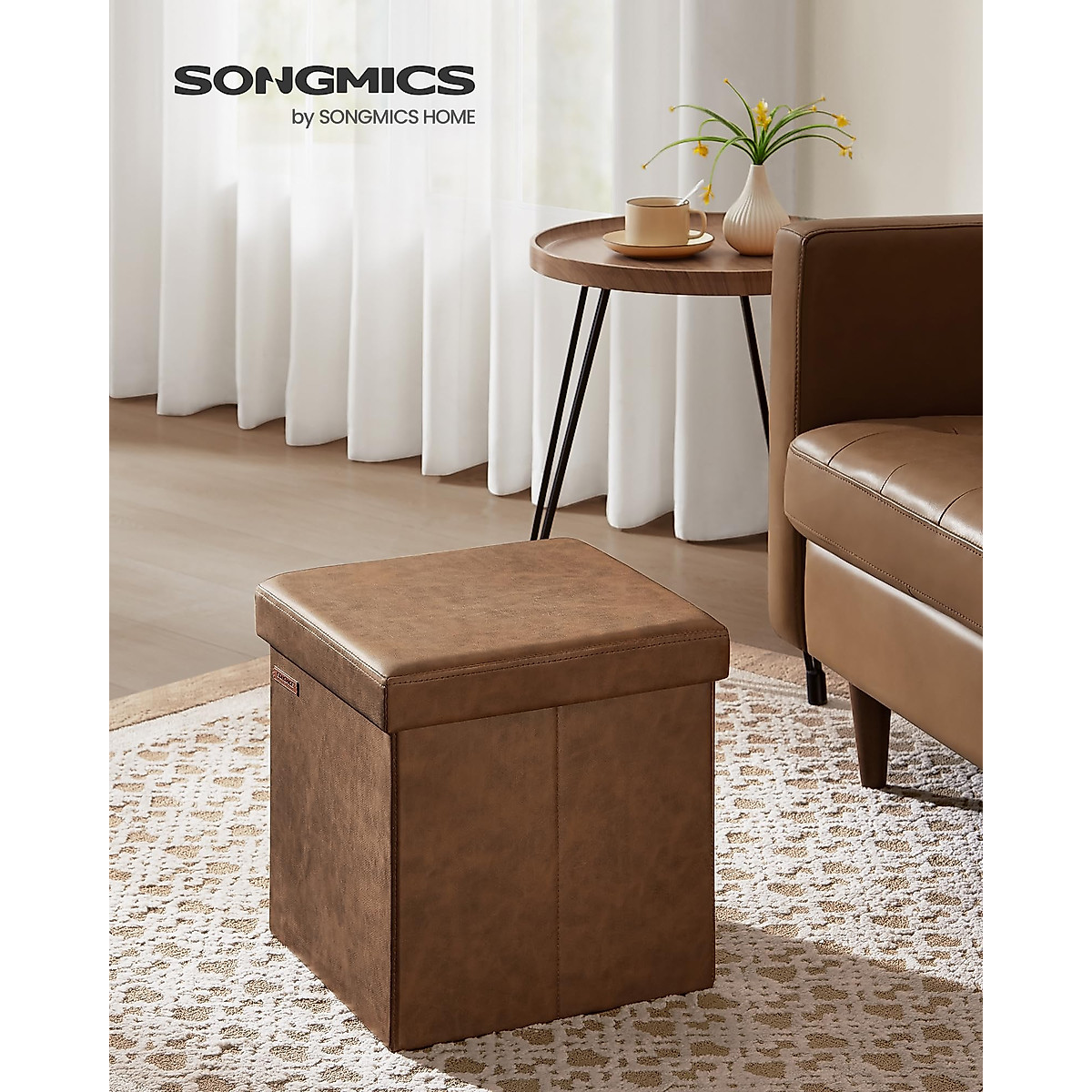 SONGMICS 15 Inches Ottoman with Storage, Footstool, Storage Ottoman, Synthetic Leather, 660 lb Load Capacity, for Dorm Room, Living Room, Bedroom, Coffee Brown ULSF010K01