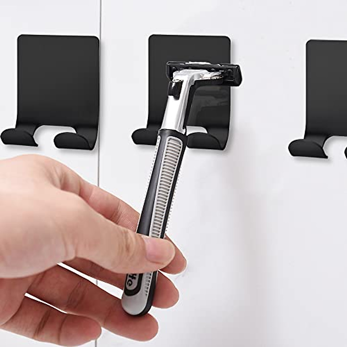 Fotosnow Black Razor Holder for Shower 6.6lb(Max) Shaver Holder Hanger Wall Adhesive Shower Hooks Stand Stainless Steel Utility Hook Bathroom Kitchen Organizer-4 Packs