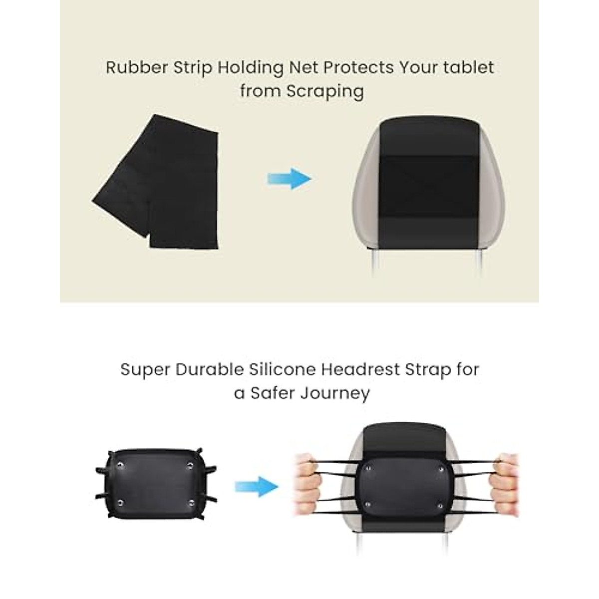 WONNIE Tablet Holder for Car, Upgraded iPad Holder for Car Back Seat Headrest Mount Holder for Kids with Anti-Slip Strap,Silicone Holding Net/Fits All 7-12.9'' Tablets