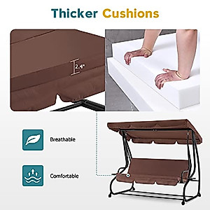 Mcombo 3 Seat Patio Swing Chair, Outdoor Swing with Adjustable Canopy, Weather Resistant Steel Frame, Porch Swing Sets for Backyard, Poolside, Balcony, 4090 (Brown)