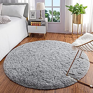 LOCHAS Luxury Round Fluffy Area Rugs for Bedroom Kids Girls Room Nursery, Super Soft Circle Rug, Cute Shaggy Carpet for Children Living Room, 4x4 Feet Grey