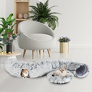 Lonepetu Plush Cat Tunnel Bed for Indoor Cats, Collapsible Cat Donut Tunnel with Central Mat, Fluffy Cat Cave Tube with Hanging Ball for Cat Kitten Rabbit Puppy Ferret