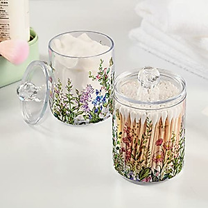 xigua 2 Pack Flowers Pattern Apothecary Jars with Lid, Qtip Holder Storage Jars for Cotton Ball, Cotton Swab, Cotton Round Pads, Clear Plastic Canisters for Bathroom Vanity Organization (10 Oz)