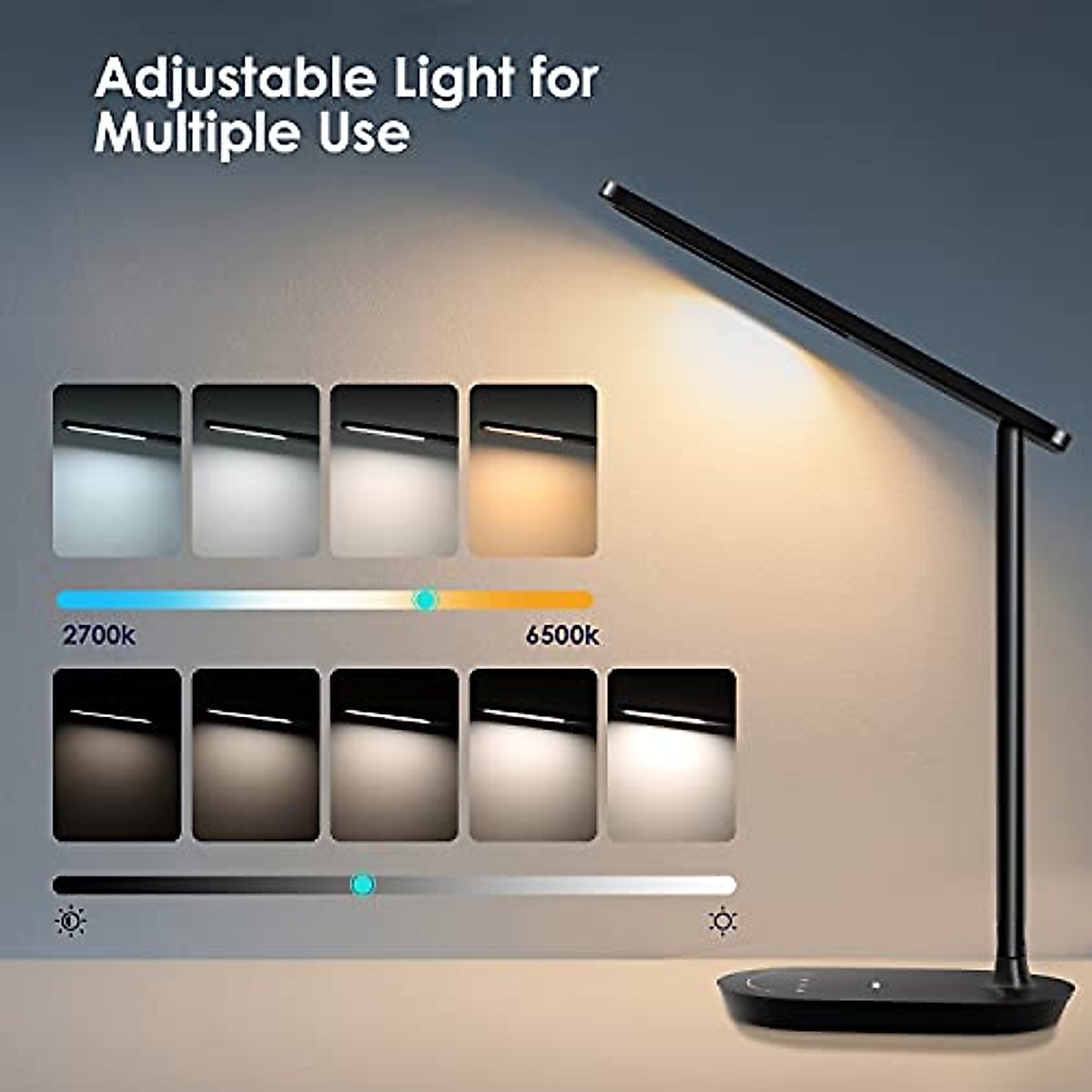 LASTAR LED Desk Lamp, Dimmable Eye-Protecting Table Lamps with Night Light, USB Charging Port, 4 Color Temperature Modes, 5 Brightness Levels, 1H Timer, Touch Control for Home Office Bedroom