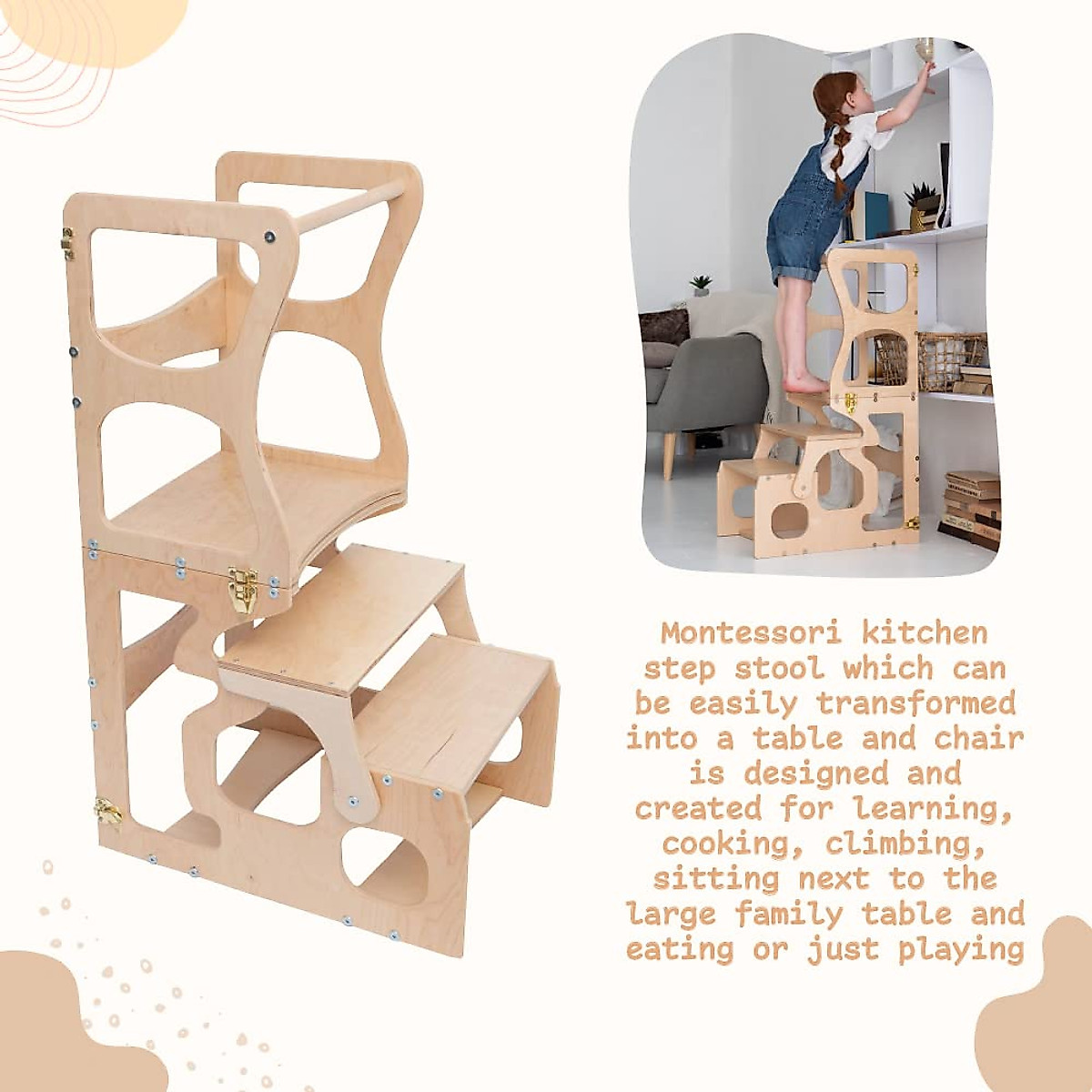 WoodandHearts Montessori Step Stool for toddlers - 2 in 1 Multifunctional Learning Tower - Kitchen Standing Helper (with shapes cutouts)