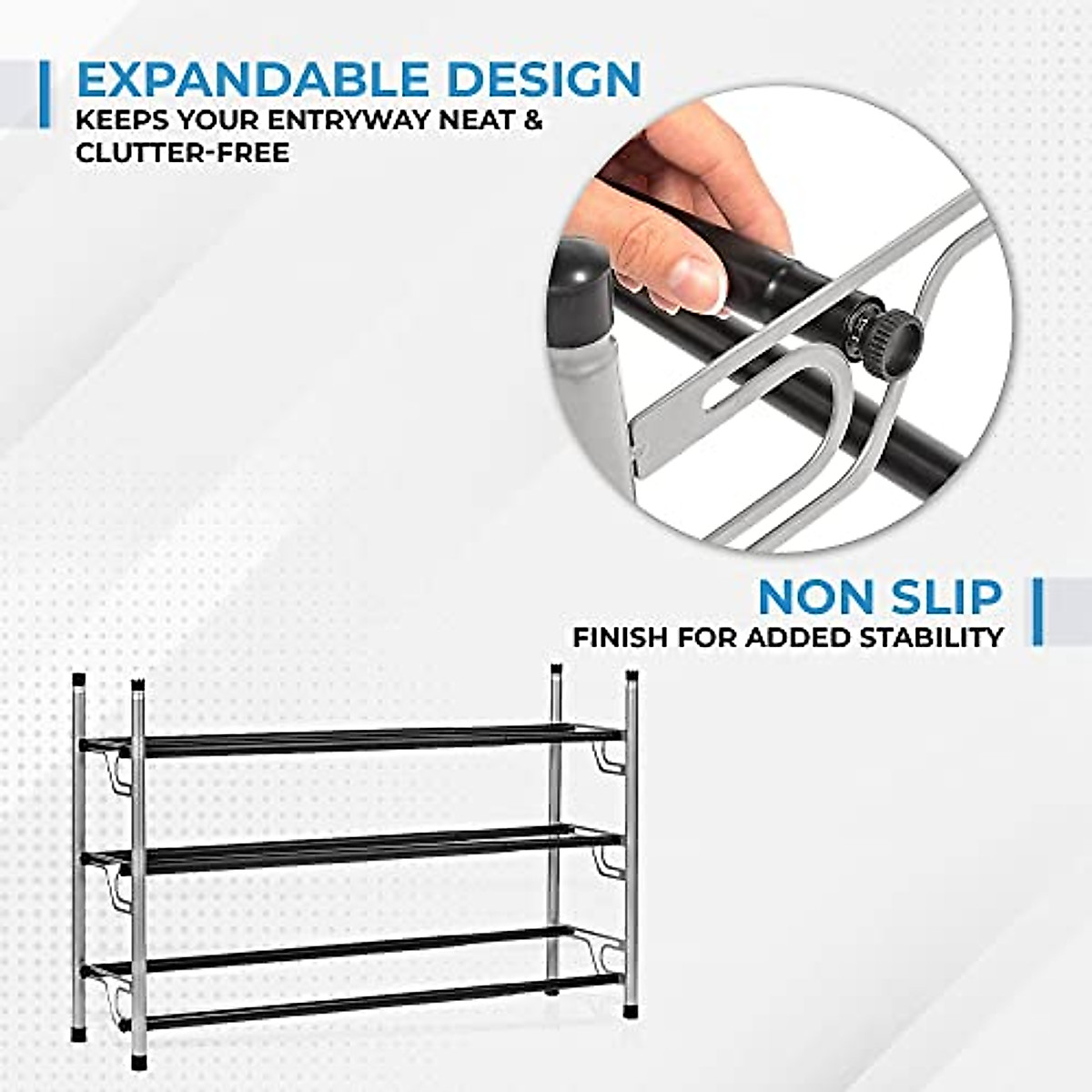 USTECH 3 Tier Adjustable, Expandable Shoe Rack Storage Organizer | Portable, Large, Free Standing Closet Shelf for Bedroom and Entryway | Metal Shoe Shelf for Kids and Adults | 12 Pairs of Shoes